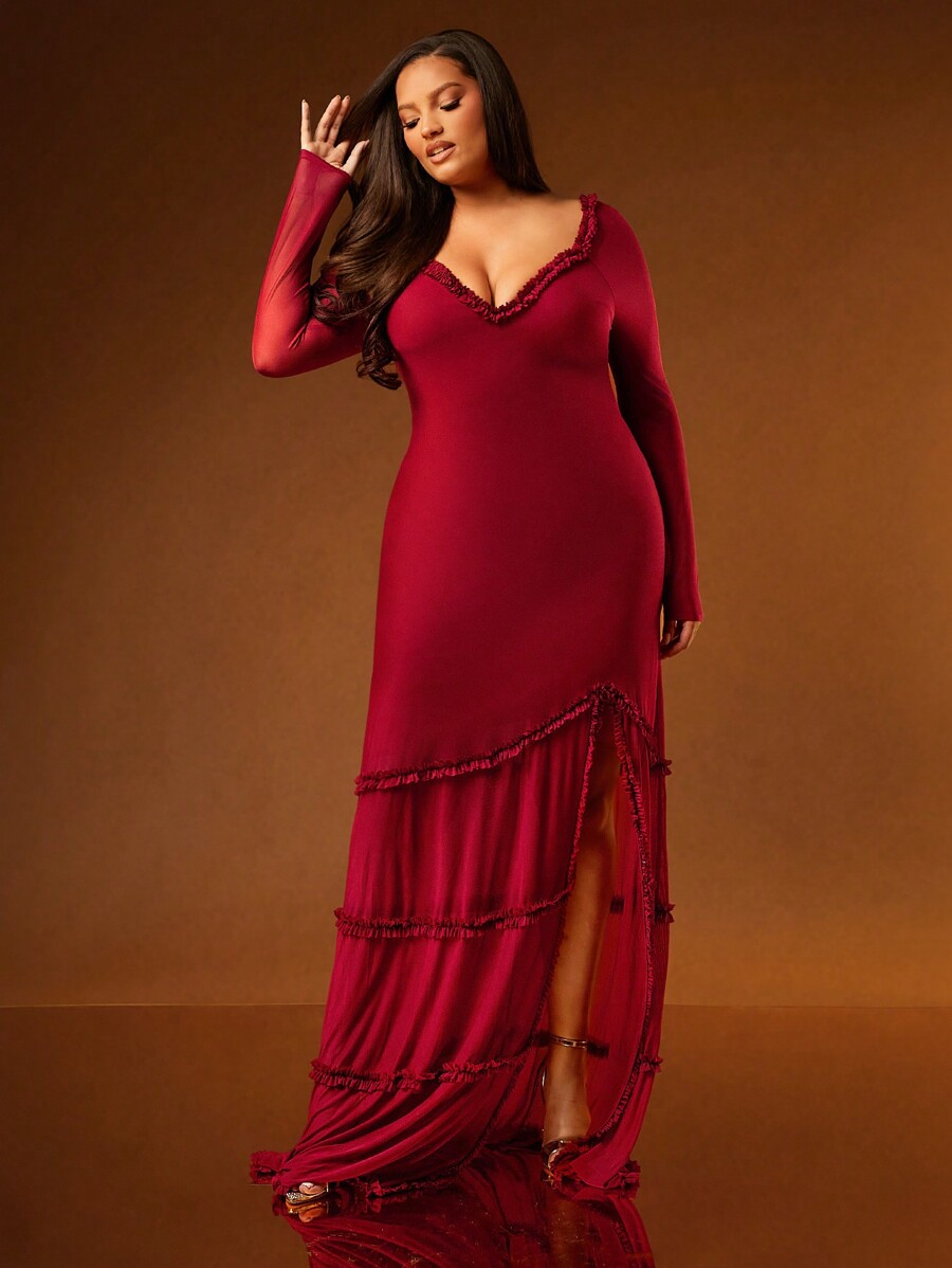 Hauture Women Clothes, Plus Size Sexy Ruffle Detail Red Dress For ...
