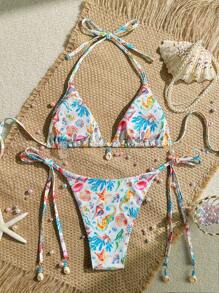 Swim Mod 2pcs/Set Summer Holiday Random Print & Ribbed Texture Seashell ...