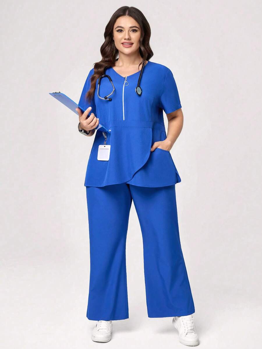 SHEIN TaskFit Plus Size Front Zipper Short Sleeve Pocket Casual Top And ...