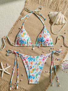 Swim Mod 2pcs/Set Summer Holiday Random Print & Ribbed Texture Seashell ...