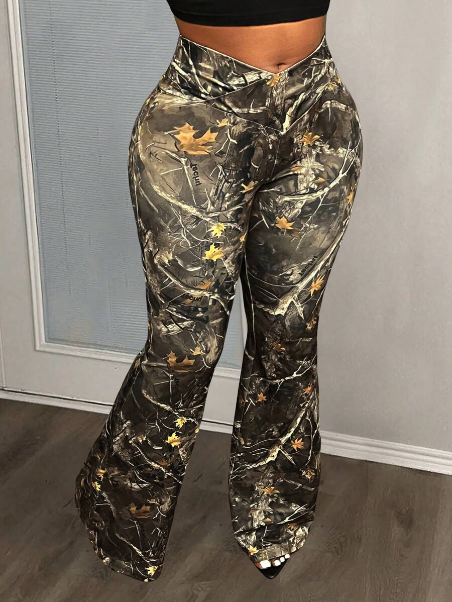 Slaydiva Plus Size Women's Branch Print Flare Pants, Holiday/New Year ... Slaydiva Plus Size Women's Branch Print Flare Pants, Holiday/New Year ...