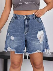 SHEIN EZwear Plus Size Voorkant Knoop Zak Versleten Eenvoudige Casual Denim Shorts | SHEIN Nederland