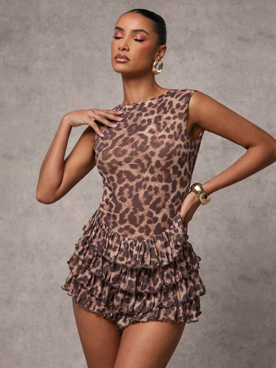 SHEIN BAE Women's Leopard Layered Ruffle Hem Sleeveless Mini Jumpsuit ...