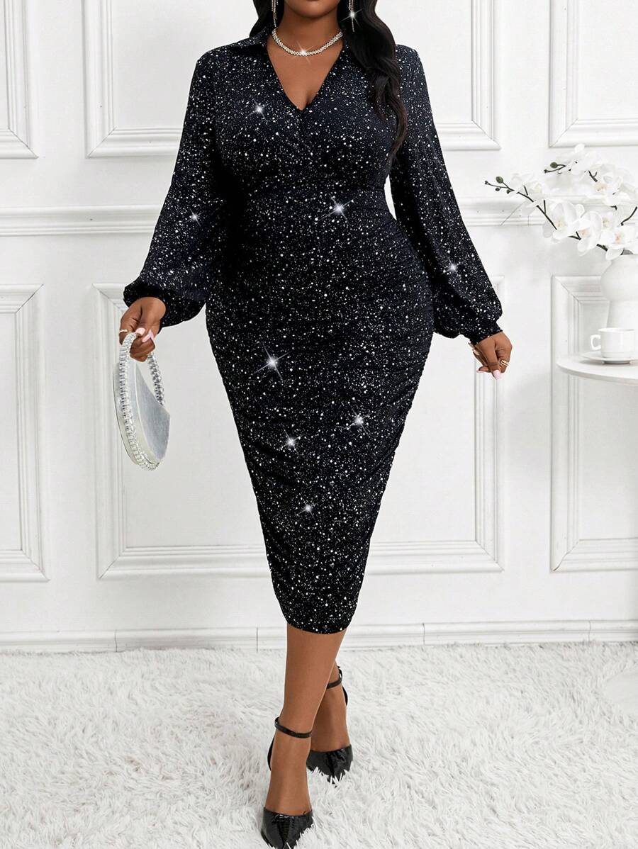 SHEIN Lady Plus Size Elegant Evening Party Dress, Shiny Deep V-Neck Ruched Bodycon Dress for ...