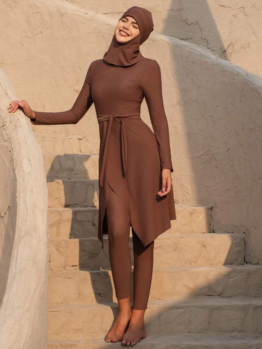 Swim Mulvari Women Full Coverage Swimsuit, Solid Color Long Sleeve ...