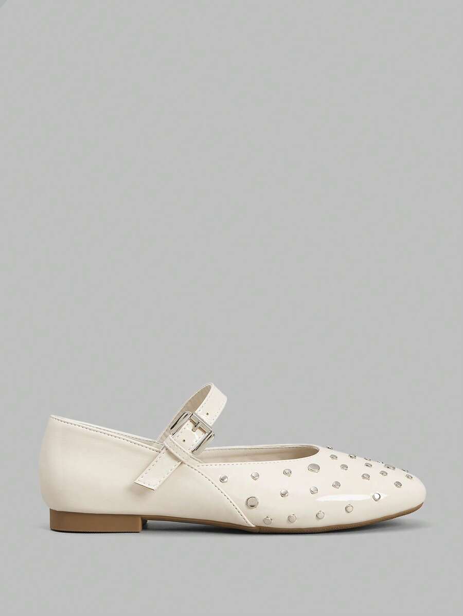 Ontre Women Rivet Decor Patent Leather Square Toe Flat Casual Slip-On ...