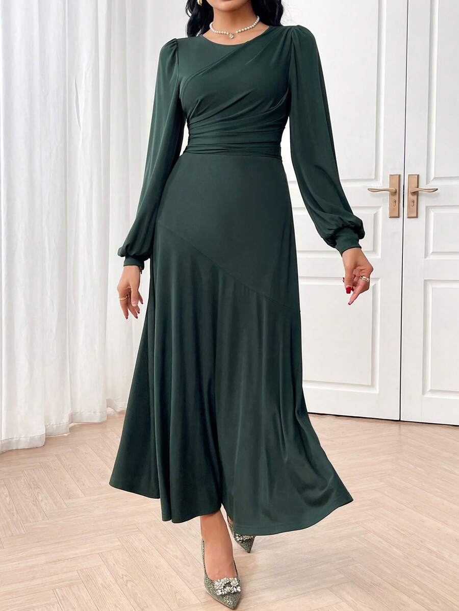 Modelyn Women's Solid Color Round Neck Long Sleeve Ruched Simple Casual Long Dress Long Evening ...