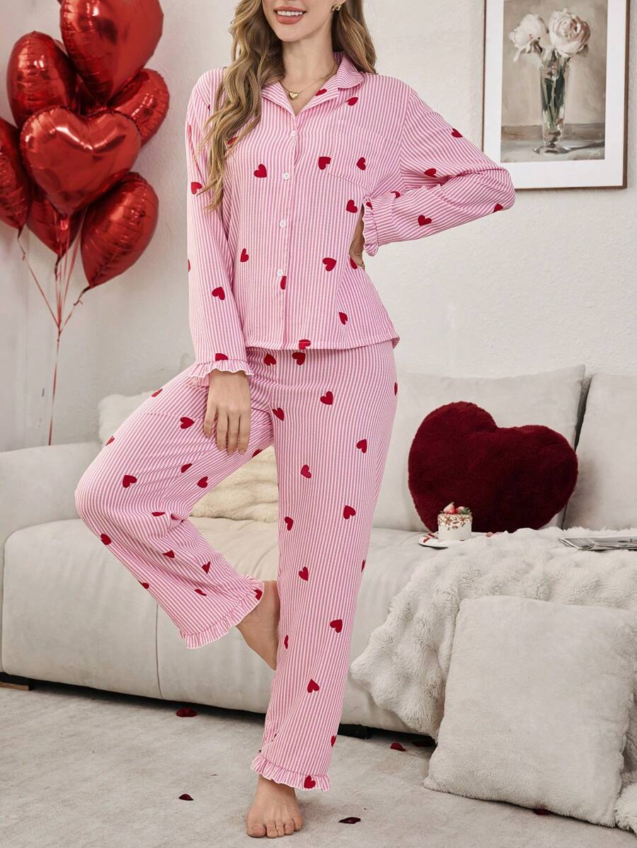 Women Front Button Placket Long Sleeve Pocket Simple Top And Pants ...