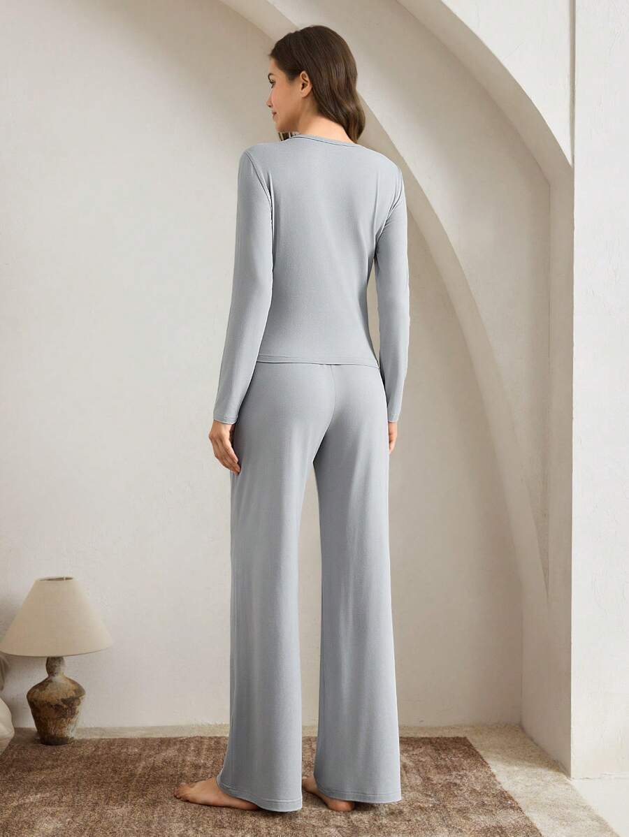 SHEIN Leisure Women Cozy Soft Milk Silk Smooth Long Sleeve Pajama Set ...