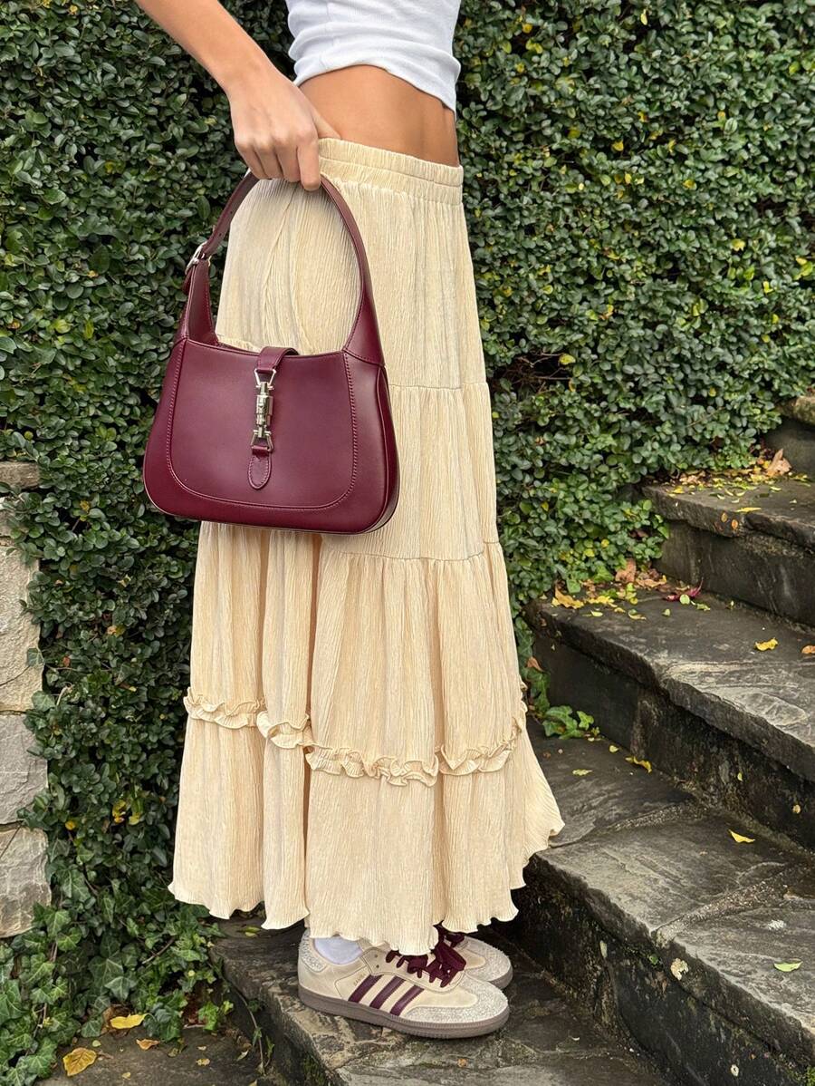 SHEIN EZwear Saia Plissada com Babados em Linha A, Nova, em Cor de Damasco, para Mulheres ...