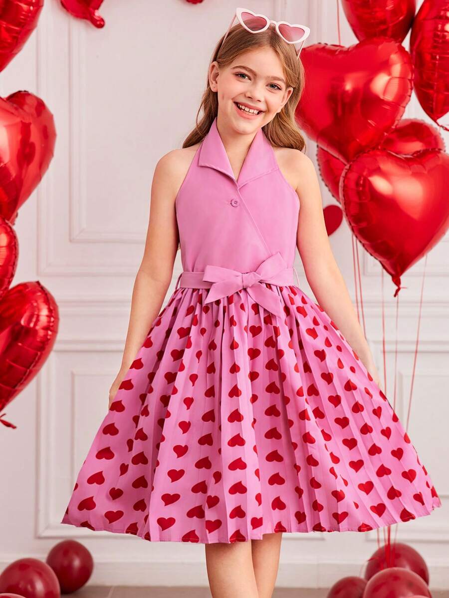 Tween Girls Pink Slim-Fit V-Neck Heart Pattern Pleated Dress, Valentine ...