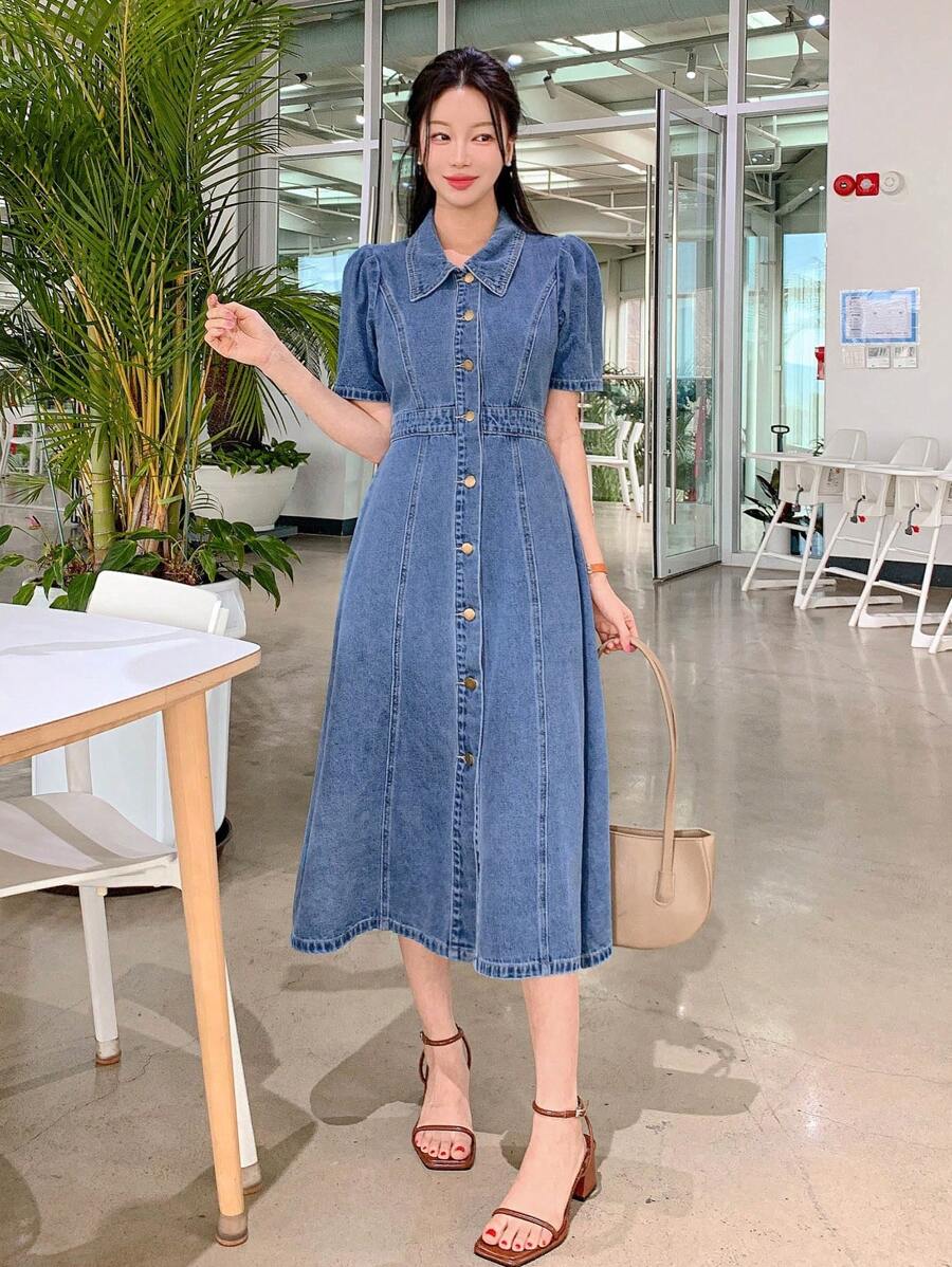 DAZY Women's Elegant Western Style Washed Rivet Puff Sleeve Collared ...