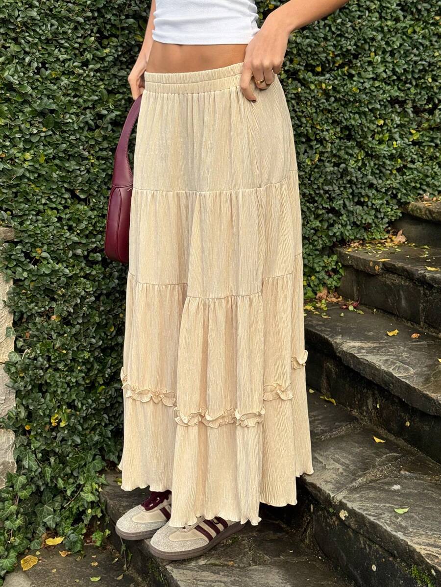 SHEIN EZwear Saia Plissada com Babados em Linha A, Nova, em Cor de Damasco, para Mulheres ...