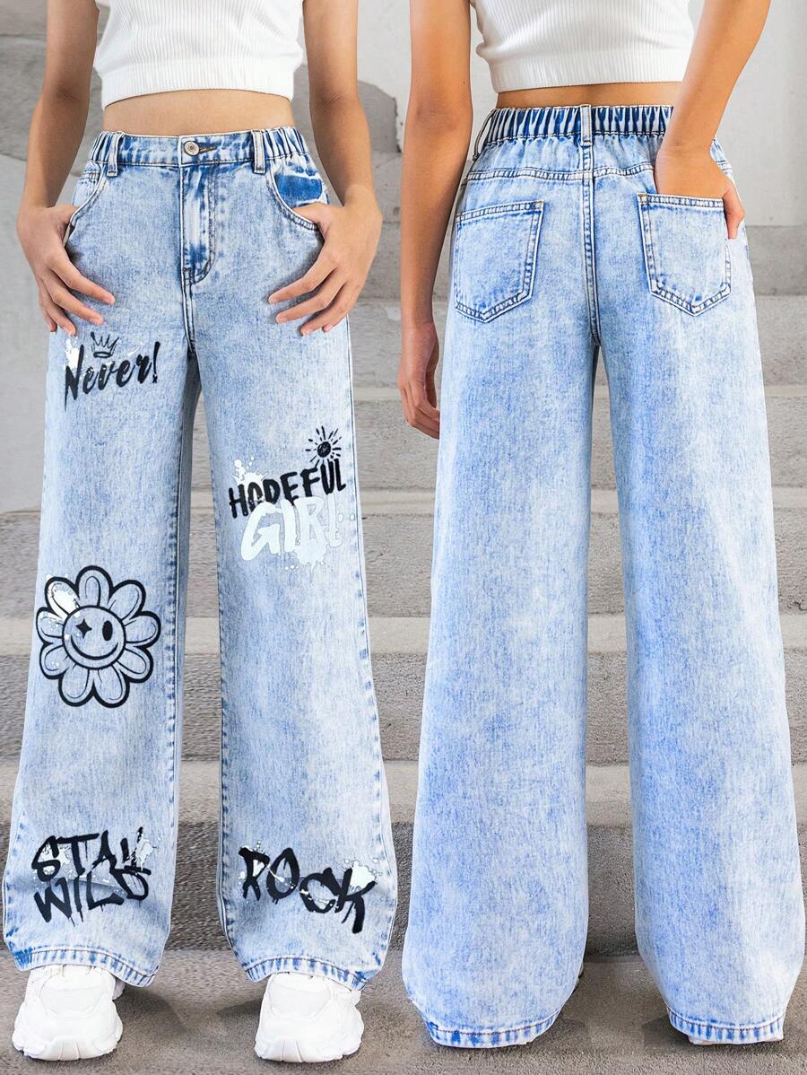 Tween Girls Y2K Style Black & White Graffiti, Letter Print, Vintage ...