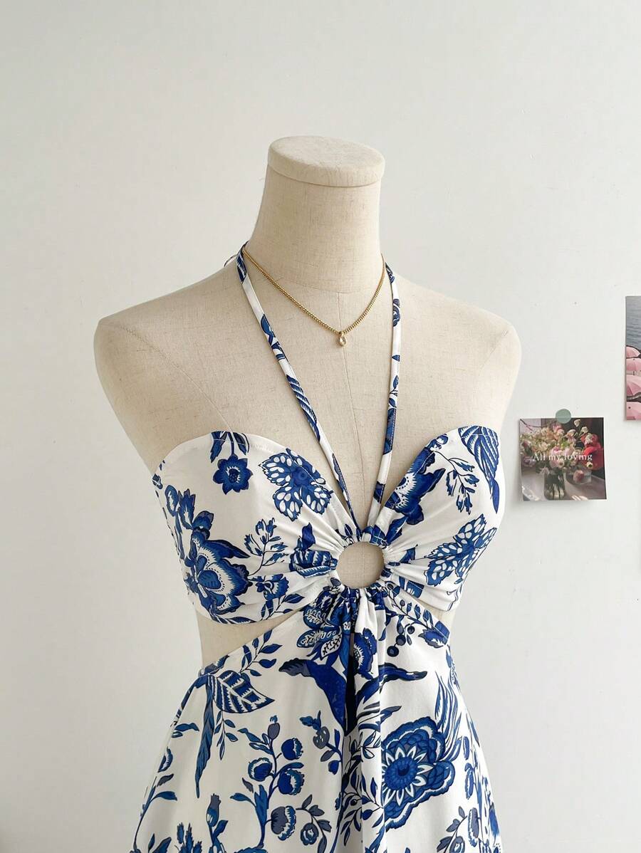 SHEIN WYWH Vestido Curto com Corte na Cintura Estilo Boho Azul e Branco ...