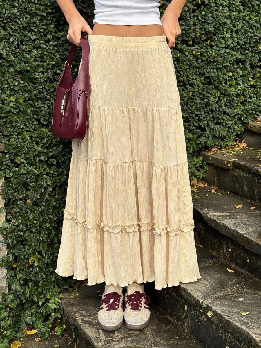 SHEIN EZwear Saia Plissada com Babados em Linha A, Nova, em Cor de Damasco, para Mulheres ...