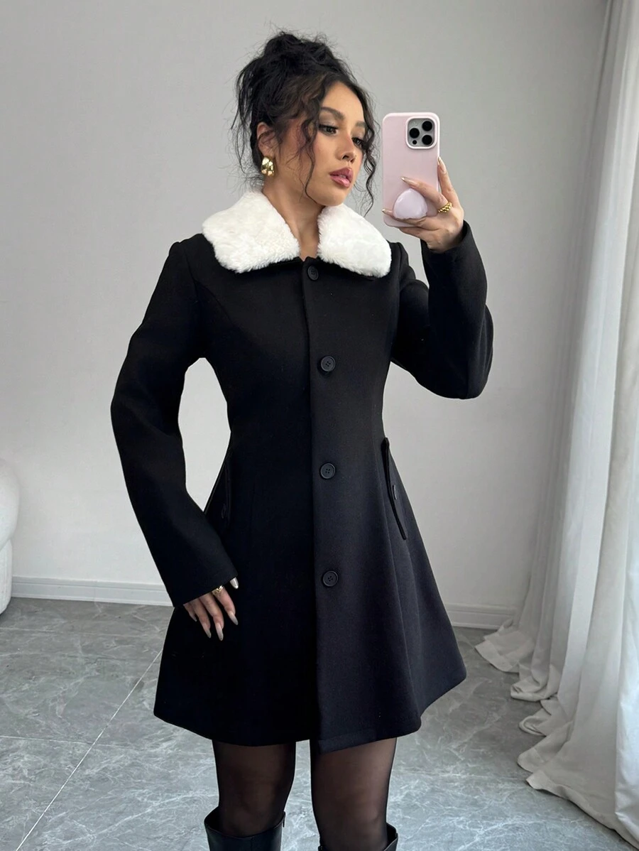 SHEIN Frenchy Casaco preto de comprimento médio ajustado com colarinho de pele elegante para ...