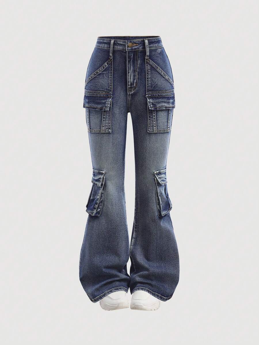 SHEIN Calças Denim Azuis com Elastano e Boca de Sino Juniors | SHEIN Brasil