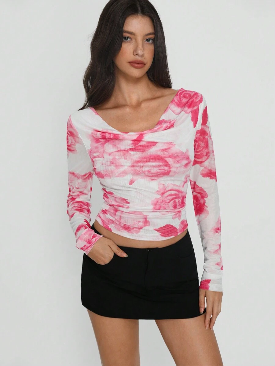 SHEIN TRNDY Romantic Rose Print T-Shirt With Mesh Paneling, Cute For ...