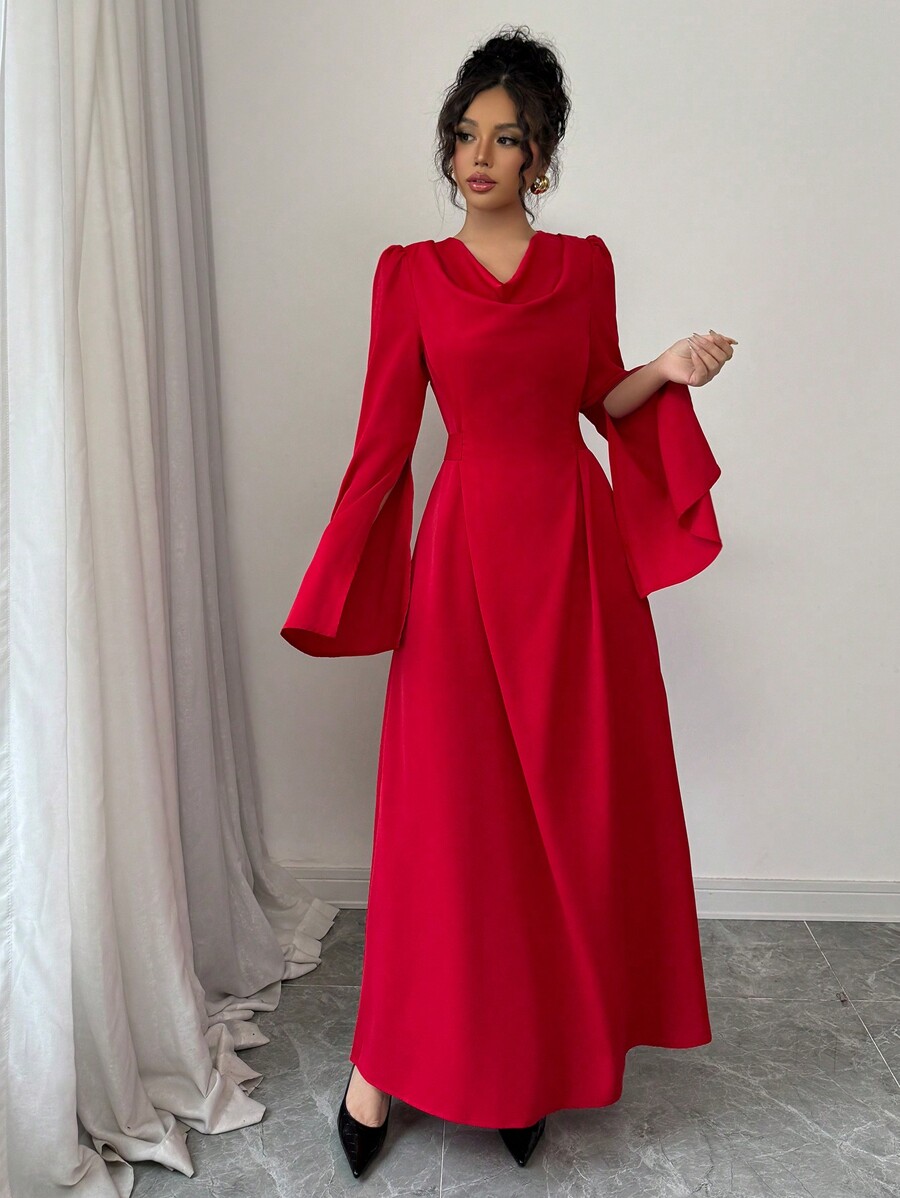 SHEIN Raffinéa Red Satin Draped Neck Flare Long Sleeve Open Slit Tie ...