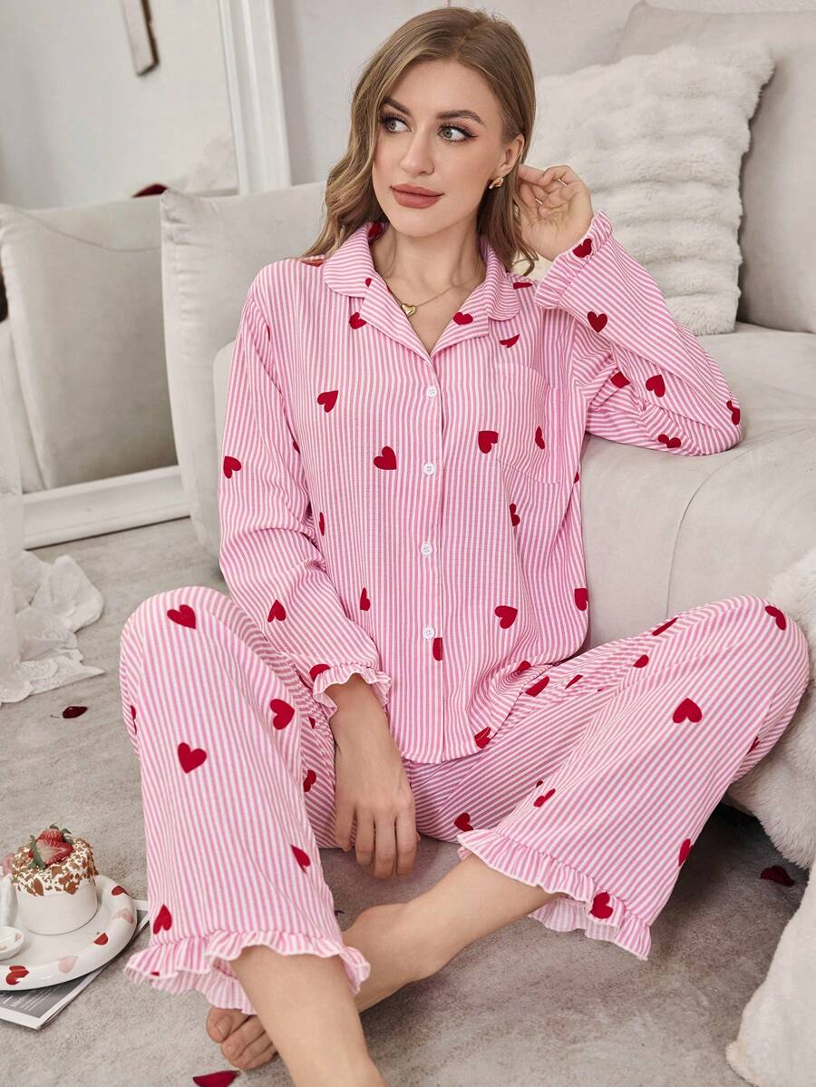 Women Front Button Placket Long Sleeve Pocket Simple Top And Pants ...