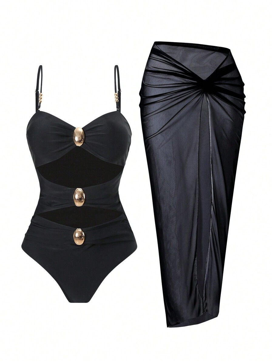 1pc Sexy Hollow Metal Suspender Camisole 1pc Sexy High Slit Black