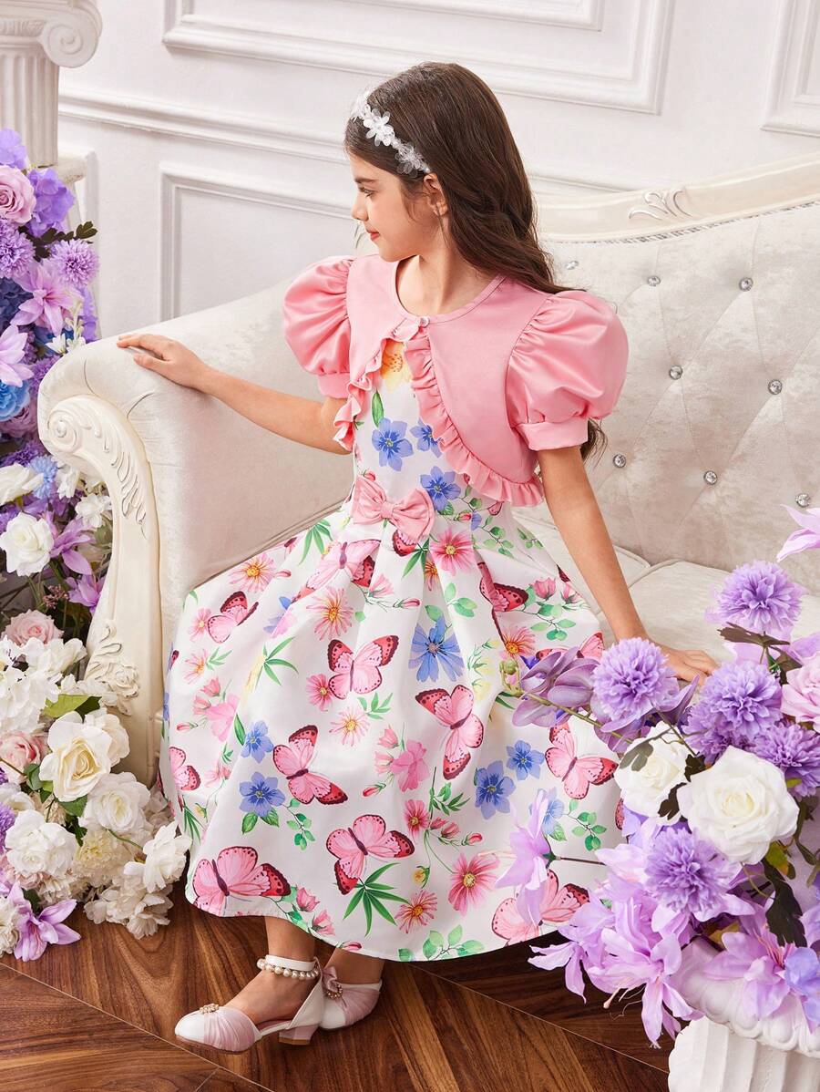 Tween Girls Valentine's Day Pink Flower & Butterfly Decor Round Neck ...