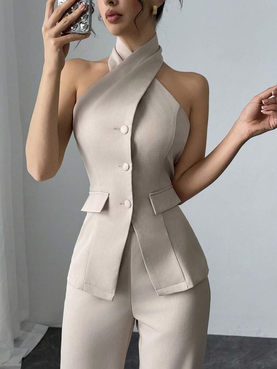 Modelyn 女性用 無地 シングルブレスト ホルターネック トップス&パンツ カジュアルコーディネート 2点セット | SHEIN JAPAN