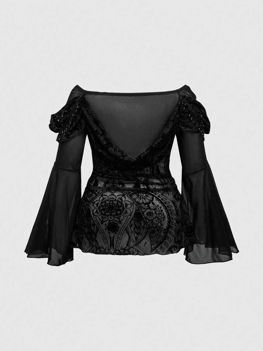 ROMWE Goth Plus Size Women Gothic Transparent Flocked Fitted V-Neck ...