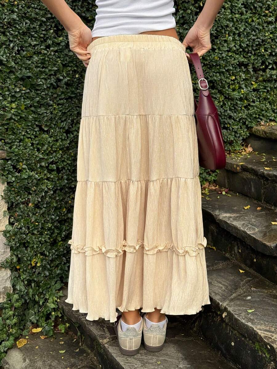 SHEIN EZwear Saia Plissada com Babados em Linha A, Nova, em Cor de Damasco, para Mulheres ...