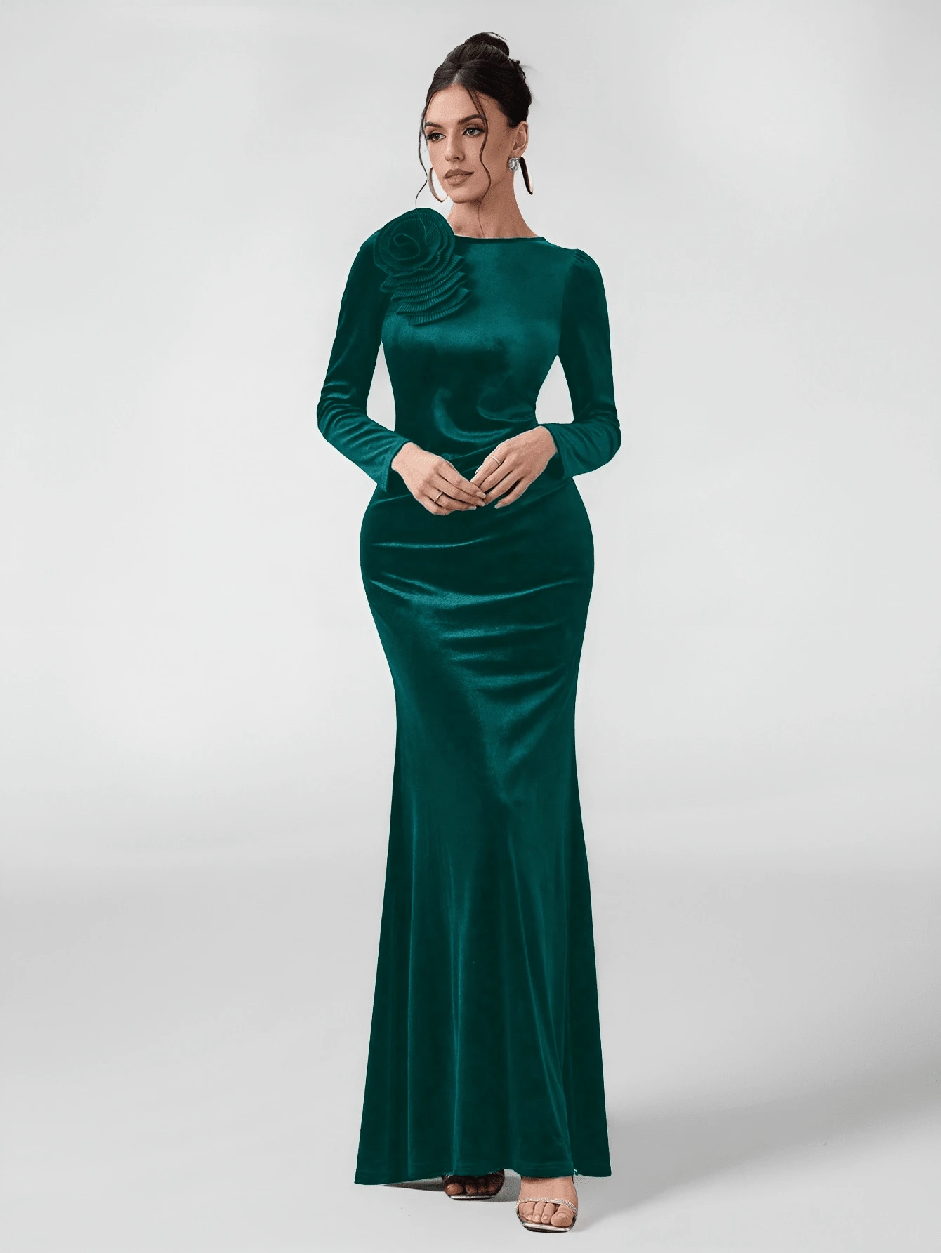 SHEIN Belle Women's Velvet High-End Floral 3D Split Maxi Evening Gown ...