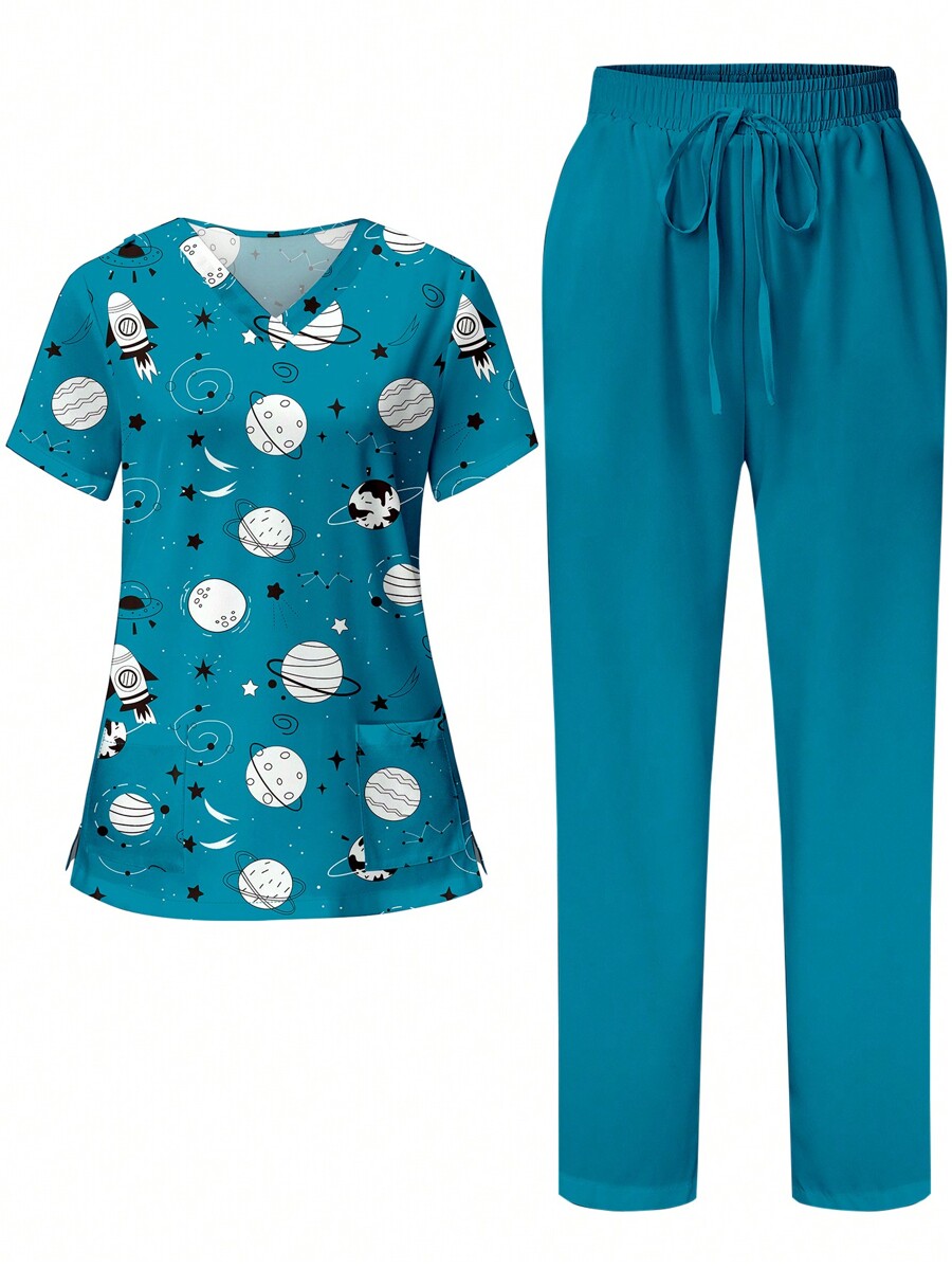 PopScrub Simple Space Graphic Print V-Neck Scrub Top With Pocket & Snap ...