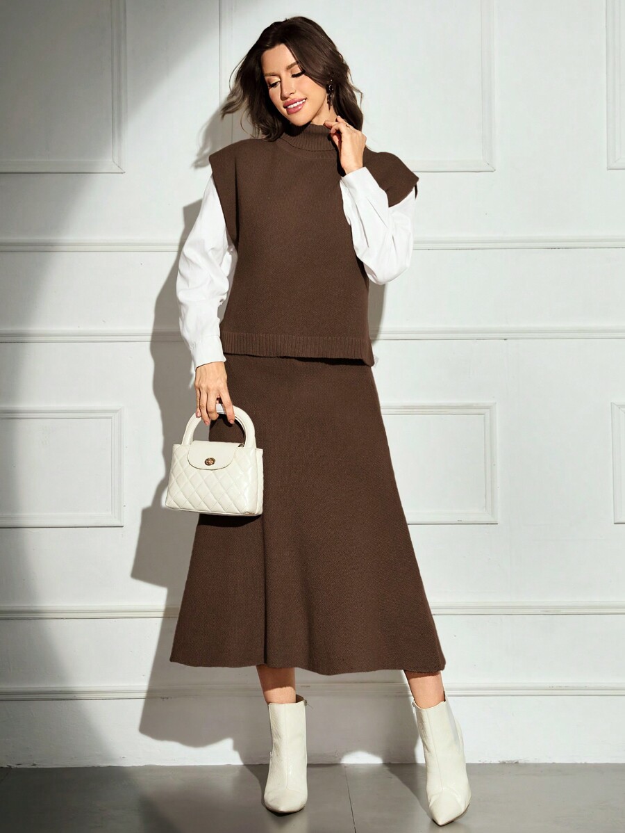 SHEIN Modely 2pcs/Set Women's Solid High Neck Sweater Vest And Knit ...