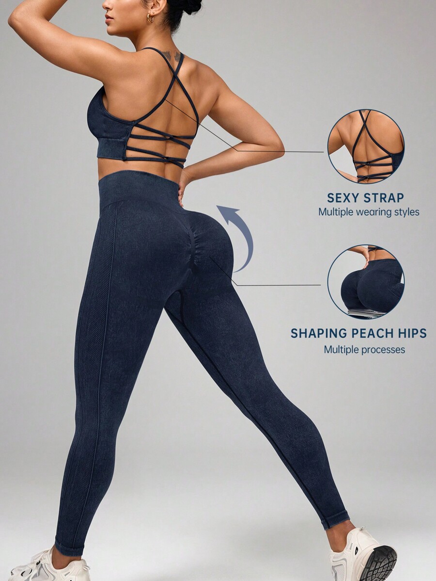 SHEIN Sport Studio Women Solid Color Cross Back Tank Top And Leggings Sports Suit Workout Women ...