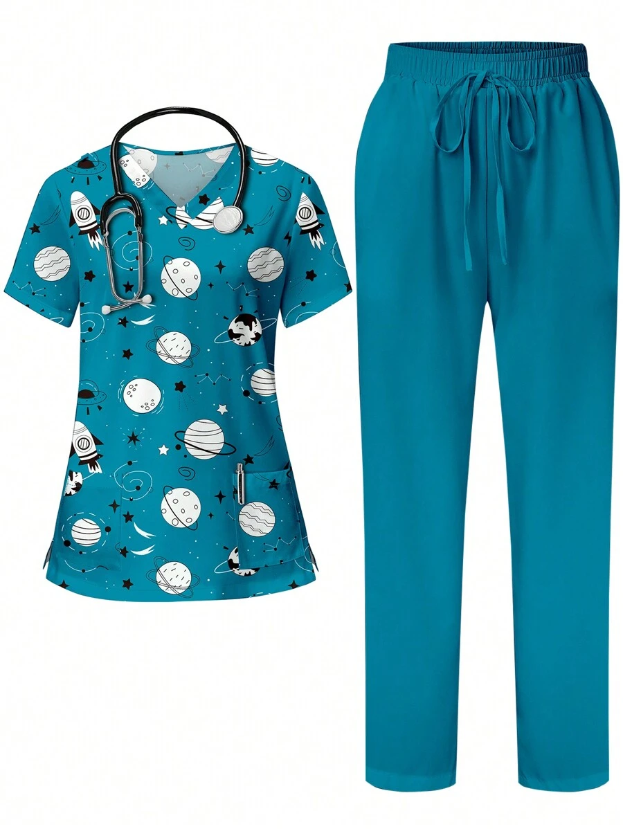 PopScrub Simple Space Graphic Print V-Neck Scrub Top With Pocket & Snap ...