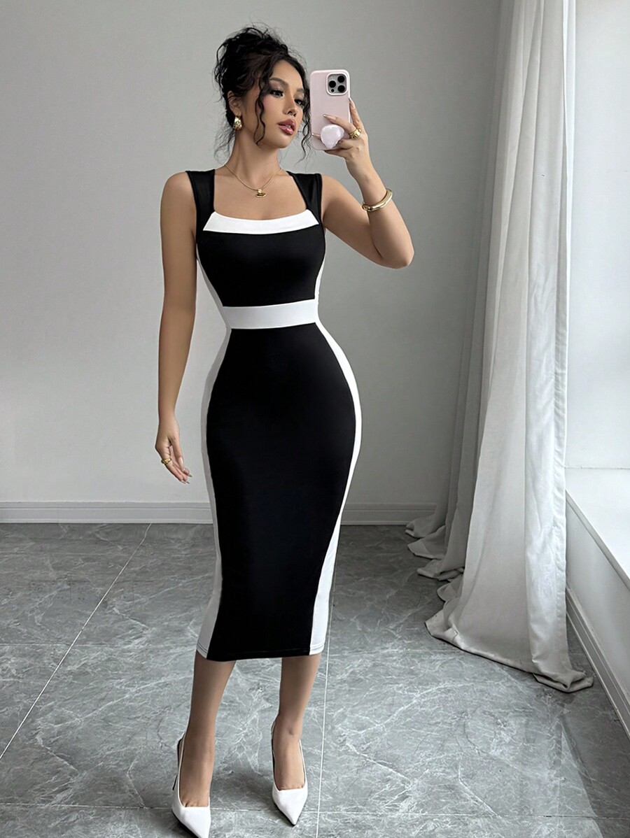 SHEIN Raffinéa Women's Casual Sexy Bodycon Colorblock Black And White ...