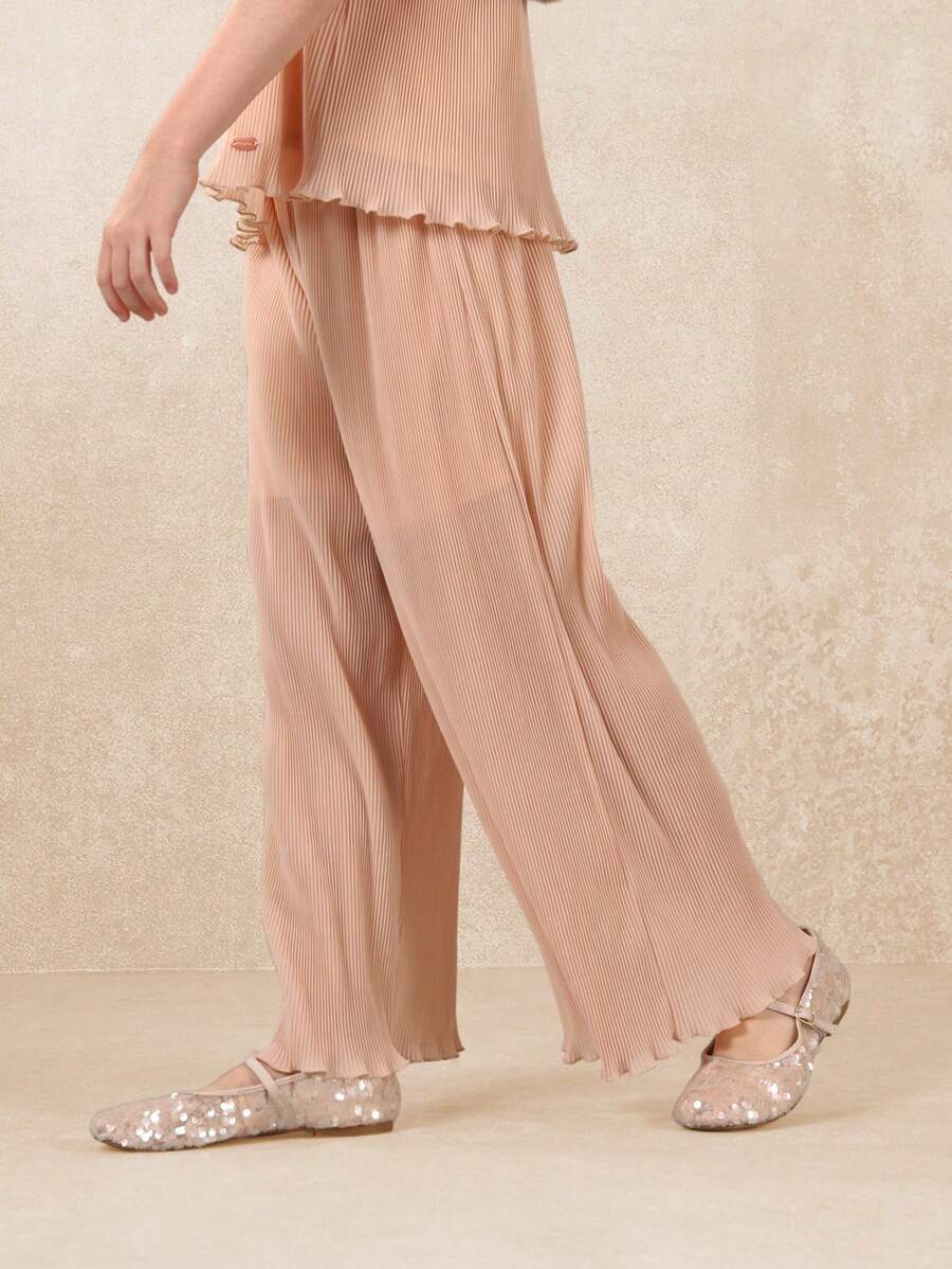 SUMWON Tween Girls Regular Fit Frill Sleeve Ruffled Plisse Top And Pant ...