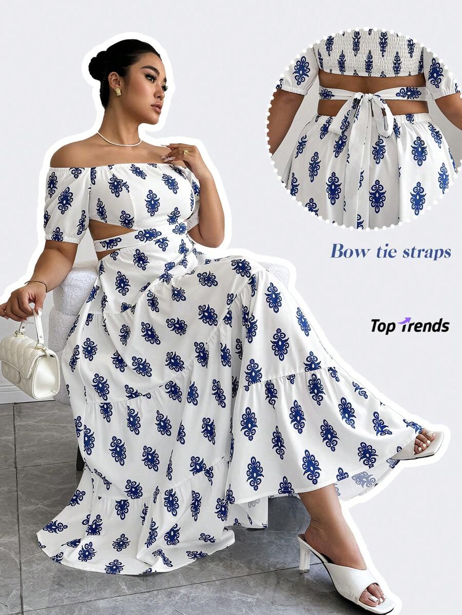 Celure Plus Size Graphic Off Shoulder Dress For Summer | SHEIN USA
