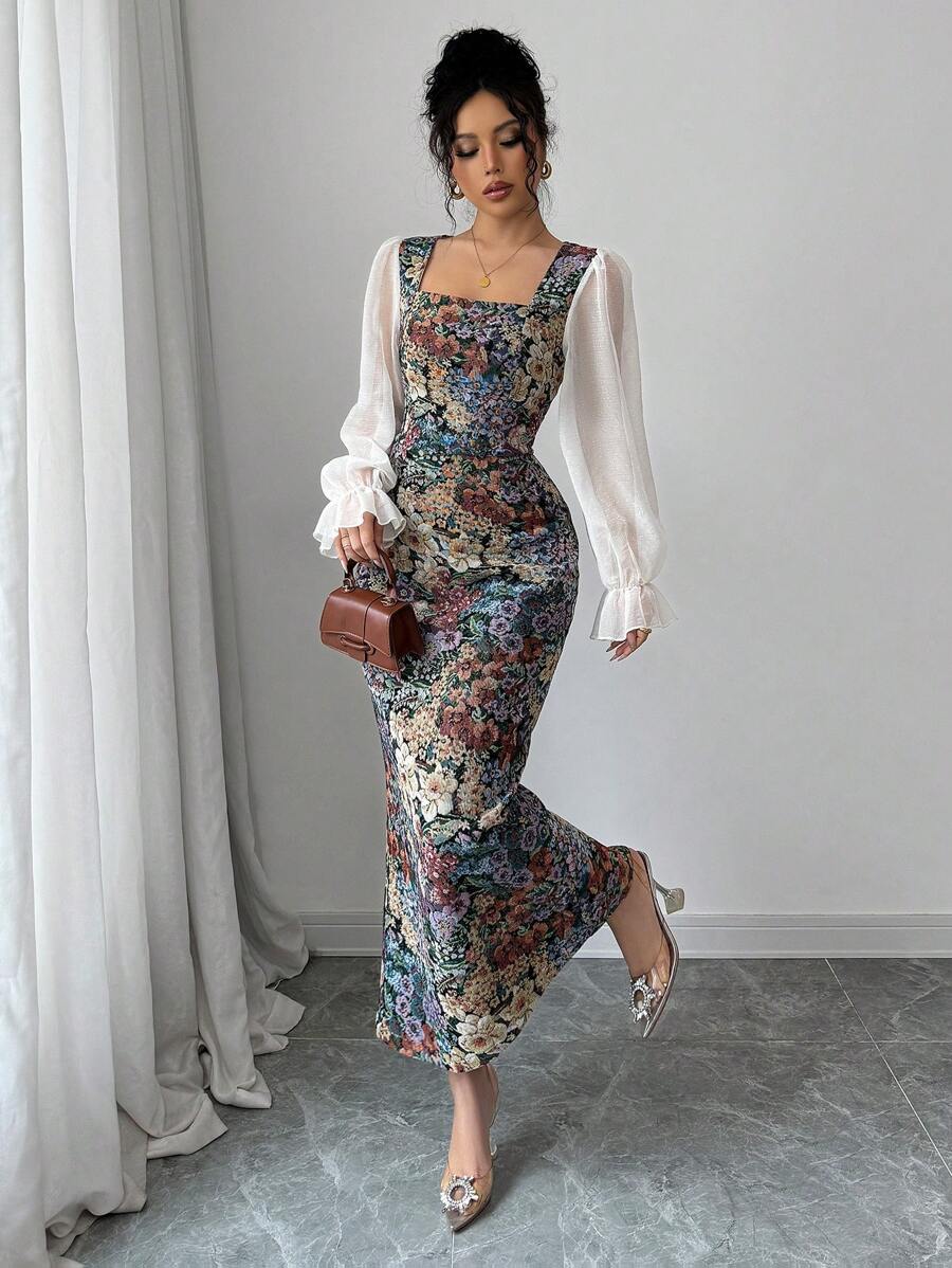 Modelyn Women's Multi-Color Patchwork Print Chiffon Square Neck ...