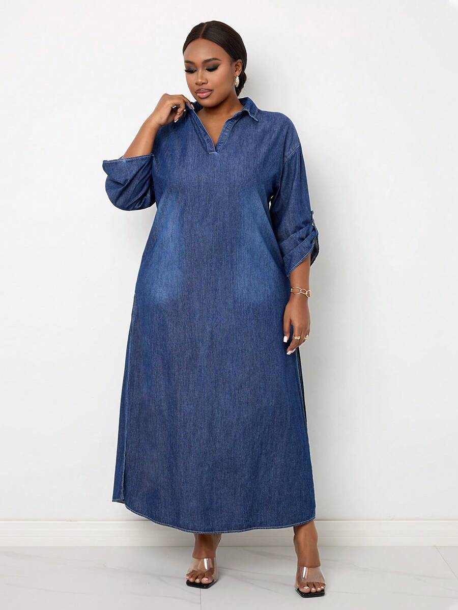 SHEIN Lady Plus Size Casual Loose Sexy V-Neck Blue Denim Dress | SHEIN UK