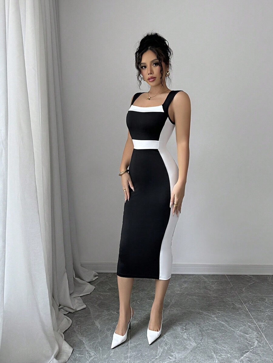 SHEIN Raffinéa Women's Casual Sexy Bodycon Colorblock Black And White ...