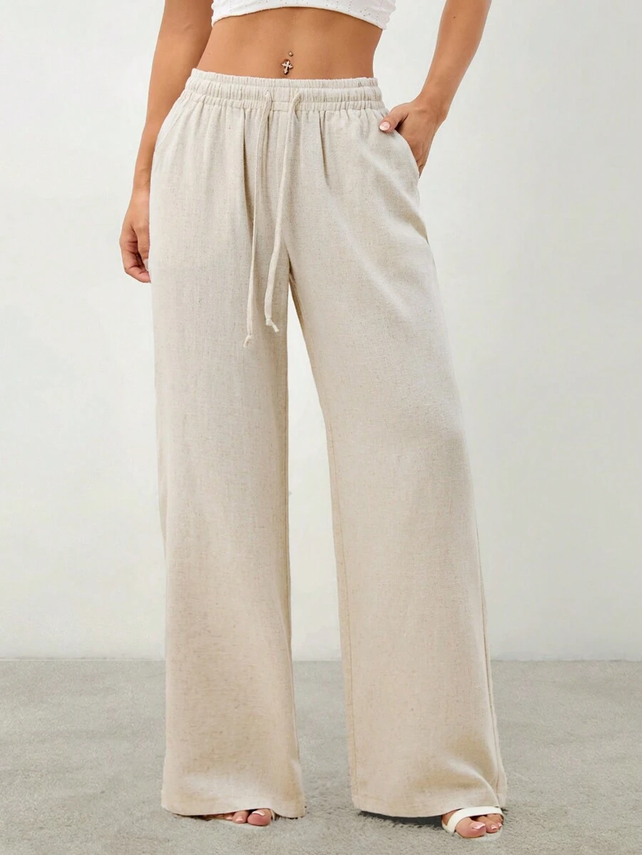 SHEIN PETITE Women's Beige Wide Leg Pants With Drawstring Waist And ...