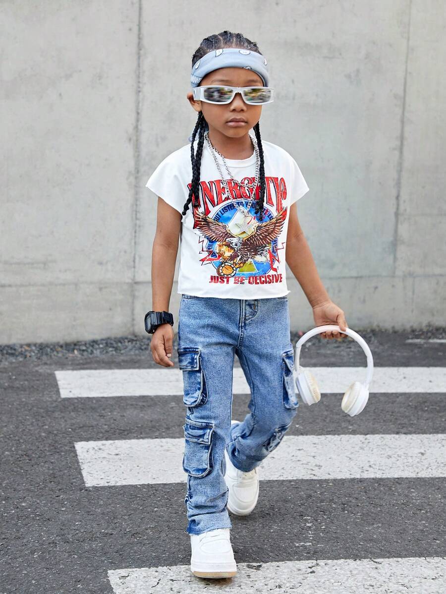 SHEIN Young Boy Blue Denim Elastic Stack Pants | SHEIN USA