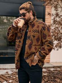 Manfinity CasualCool Men's Geometric Pattern Button-Up Pocket Shacket ...