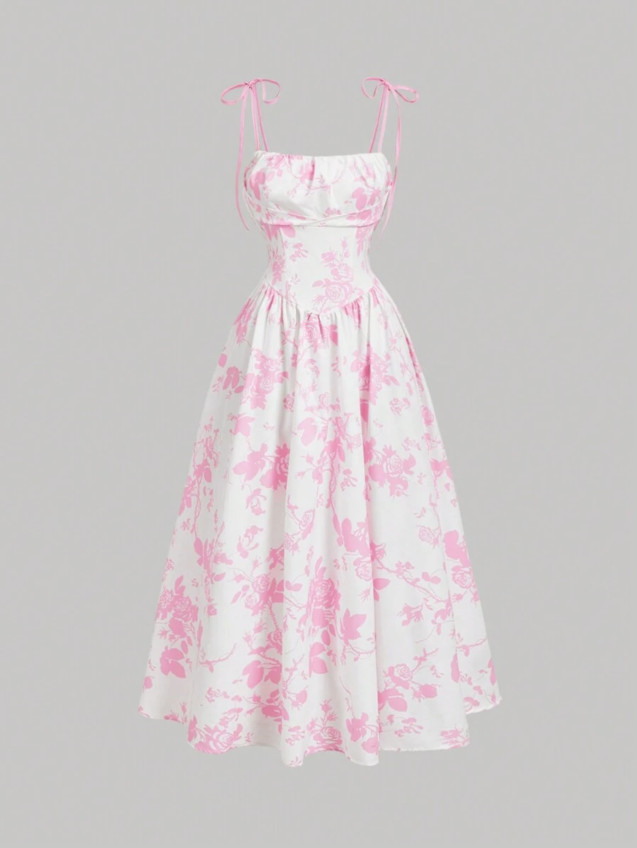 SHEIN MOD Women's Sleeveless Floral Print Tie Waist Spaghetti Strap Dress, Minimalist Style ...