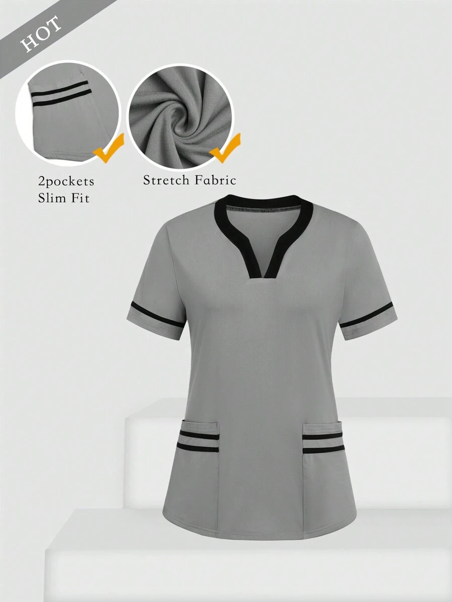 SHEIN TaskFit Plain Color Patchwork Short Sleeve Pocket Design Casual Uniform Top Scrub Set ...