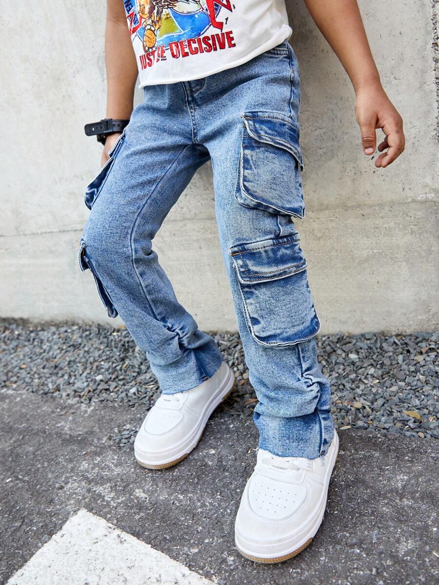 SHEIN Young Boy Blue Denim Elastic Stack Pants | SHEIN USA