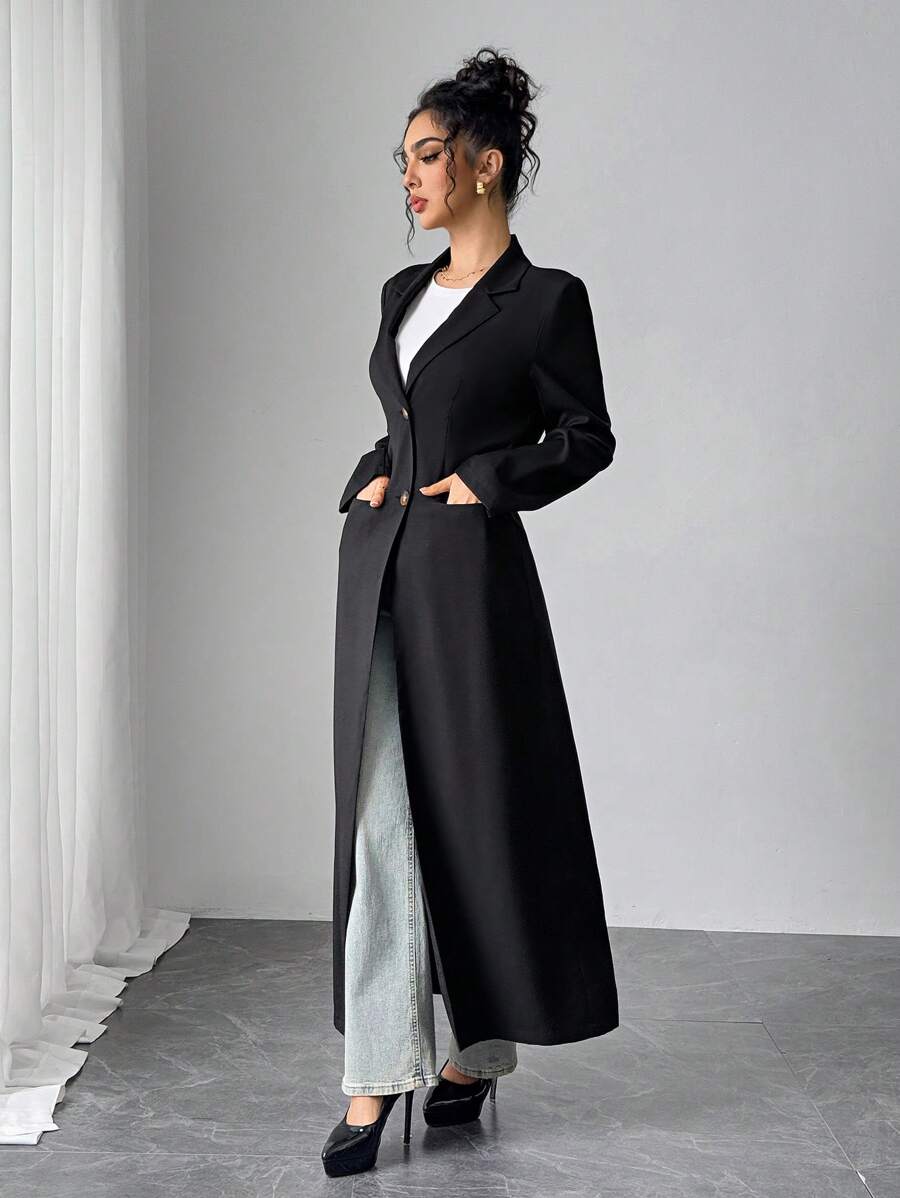Seusyu Damen Langer Schwarzer Blazer im Lässig-Stil für Herbst/Winter ...