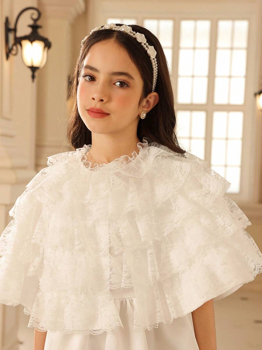 Tween Girl Elegant Party Lace Ruffled Shawl & Dress 2pcs Set | SHEIN UK