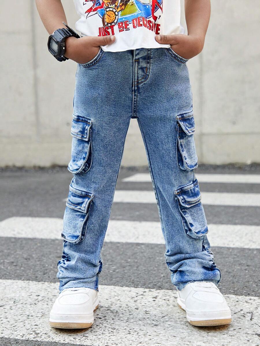 SHEIN Young Boy Blue Denim Elastic Stack Pants | SHEIN USA
